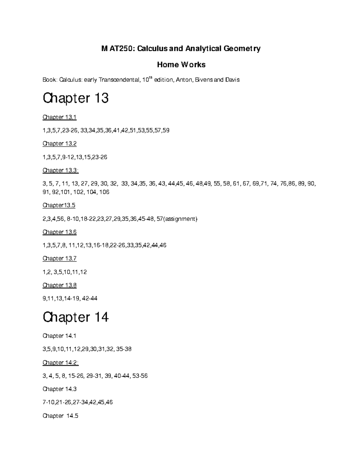 MAT250 Common Exercise Problems - M AT250: Calculus and Analytical ...