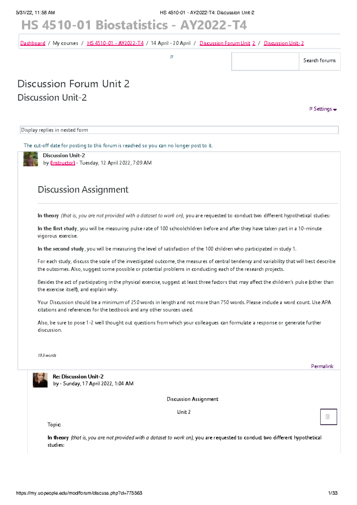 HS 4510-01 - AY2022-T4 Discussion Unit-2E - HS 4510-01 Biostatistics - AY2022-T Discussion Forum ...