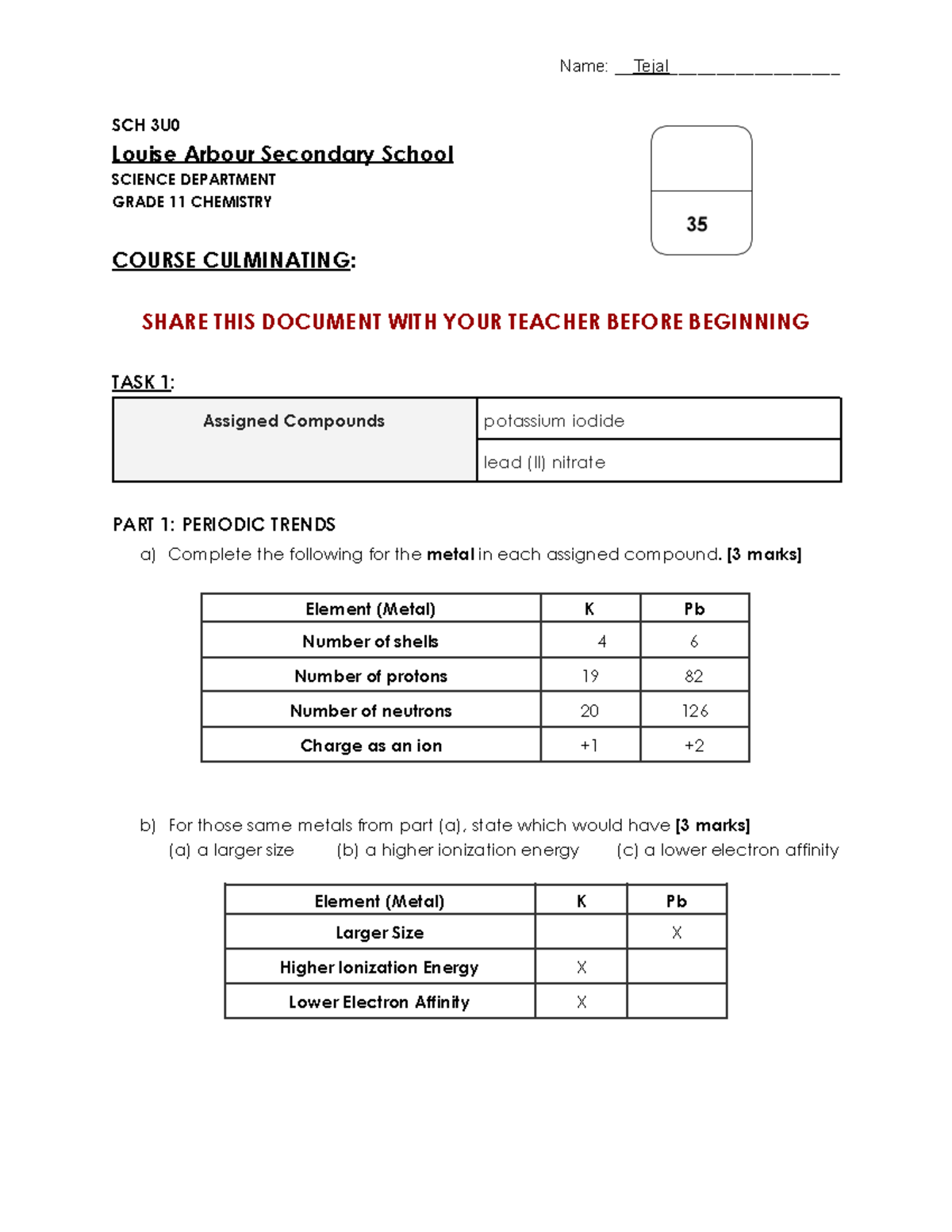 Copy of SCH 3U - Culminating 1 (Virtual) - Version A - SCH 3U Louise ...