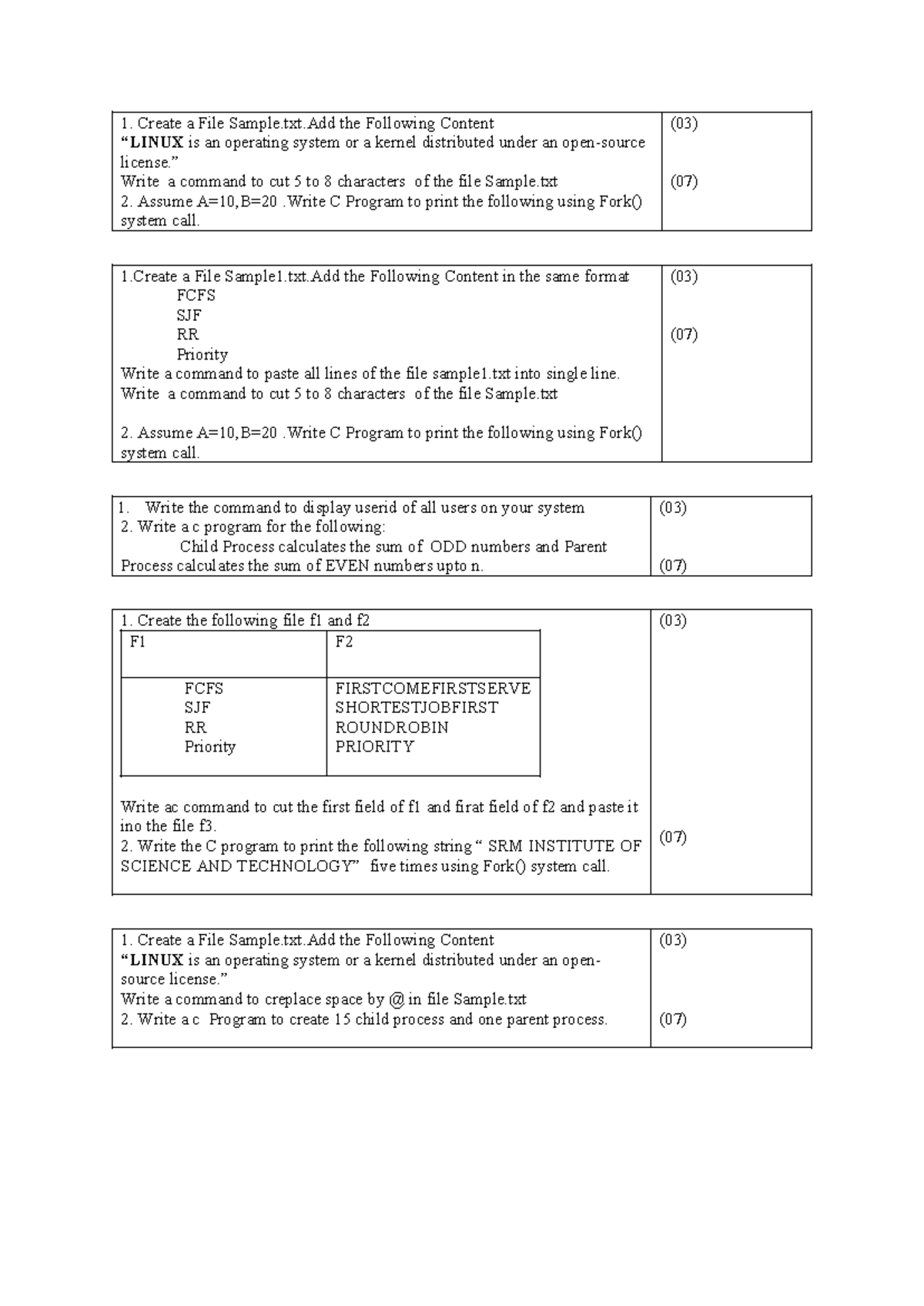 Sample questions os ct1 lab - Create a File Sample.txt the Following Content “LINUX is an ...
