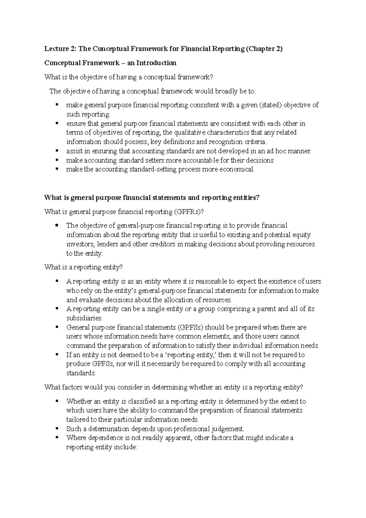 Notes week 2 - Lecture 2: The Conceptual Framework for Financial ...