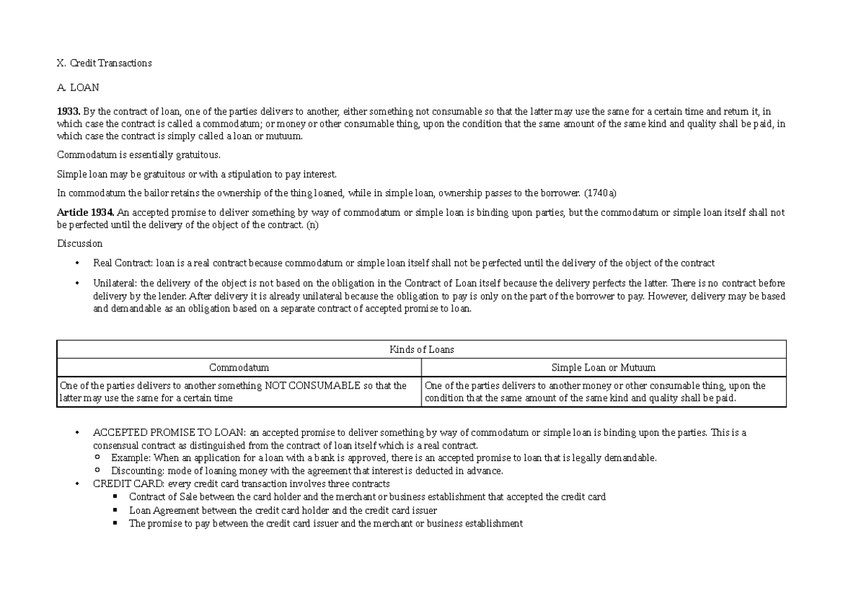 Credit transactions notes - X. Credit Transactions A. LOAN By the ...