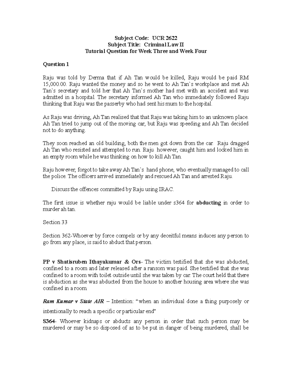 Criminal Tutorial- Week 4 - Subject Code: UCR 2622 Subject Title ...