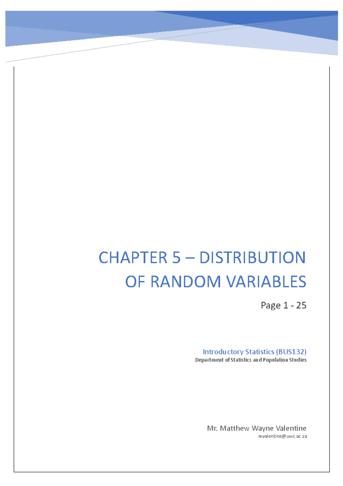 Chapter 5 – Distribution of random variables - Mr. Matthew Wayne ...