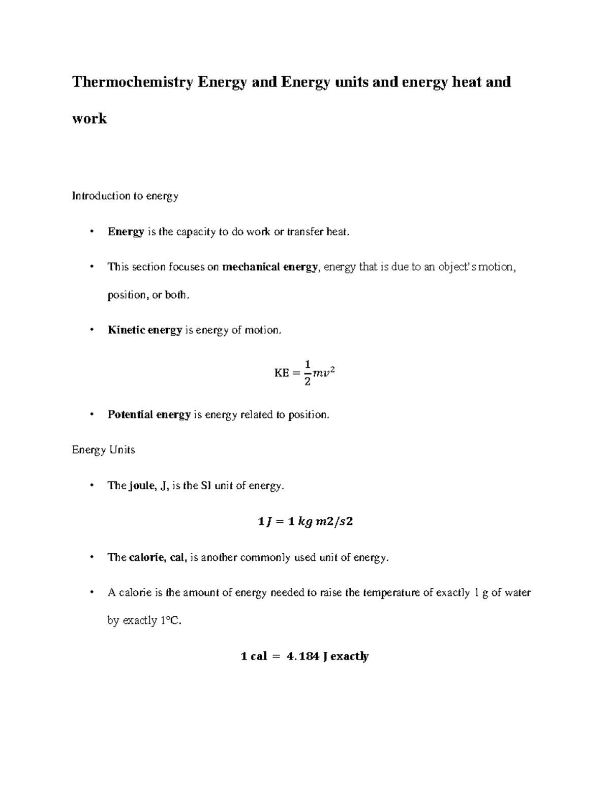 Thermochemistry Energy and Energy units and energy heat and work ...