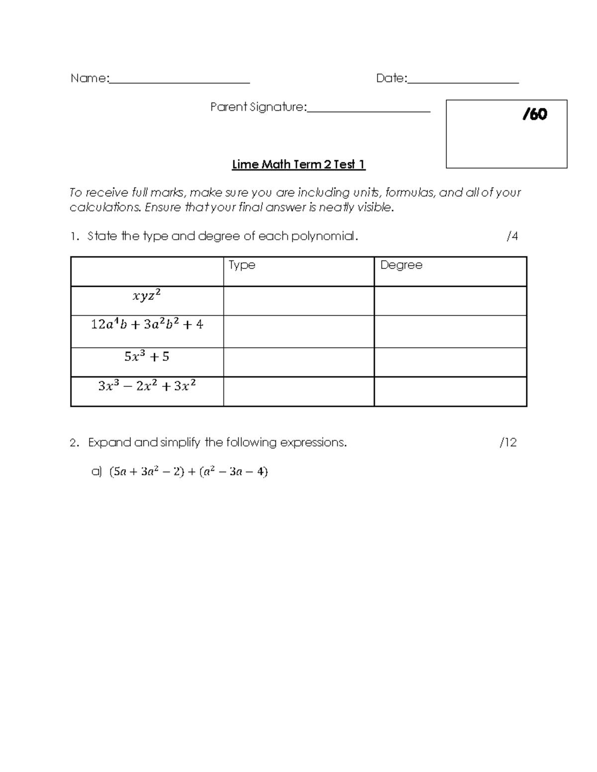 Lime Test Polynomials and Angles - Name:________________________ Date