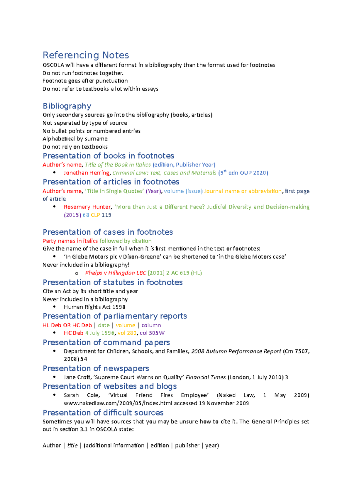 Workshop 4 - Referencing - Referencing Notes OSCOLA will have a ...