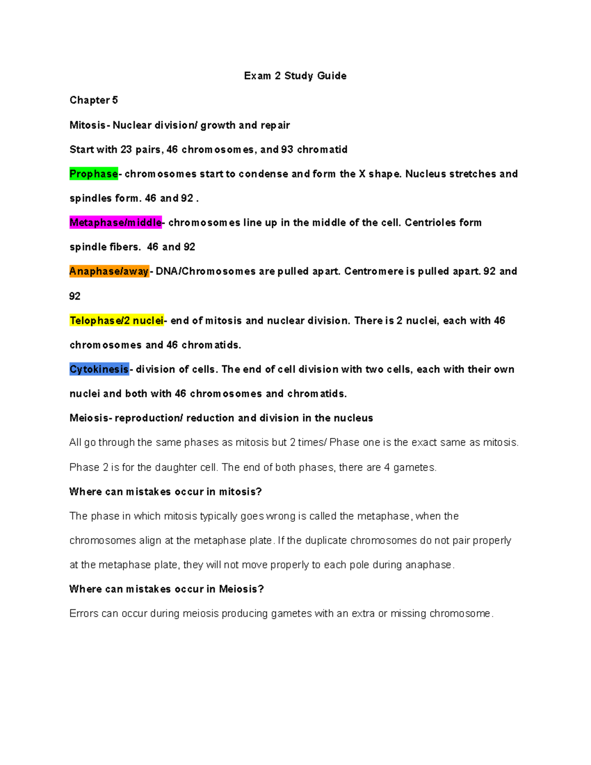 Biology exam 2 study guide - Exam 2 Study Guide Chapter 5 Mitosis ...