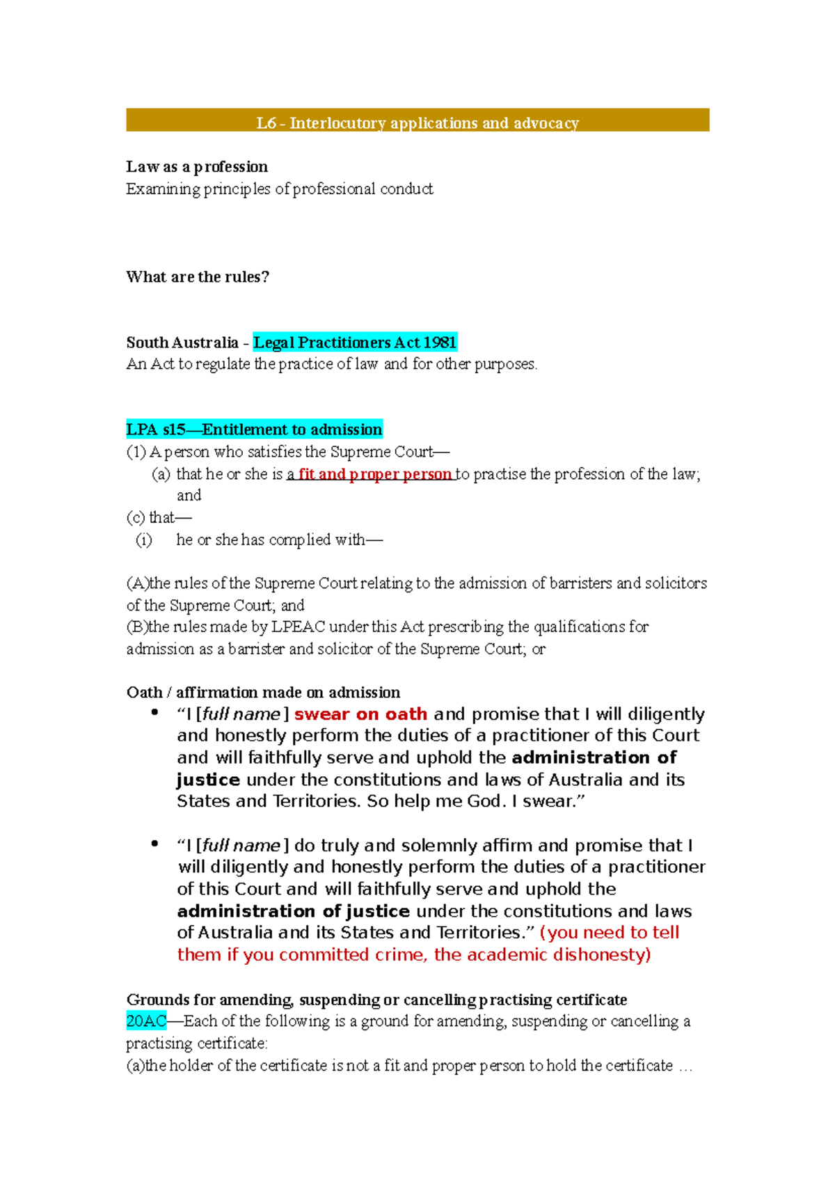 2022 Dispute Resolution and Ethics Law Notes (Lecture 6) - L6 ...