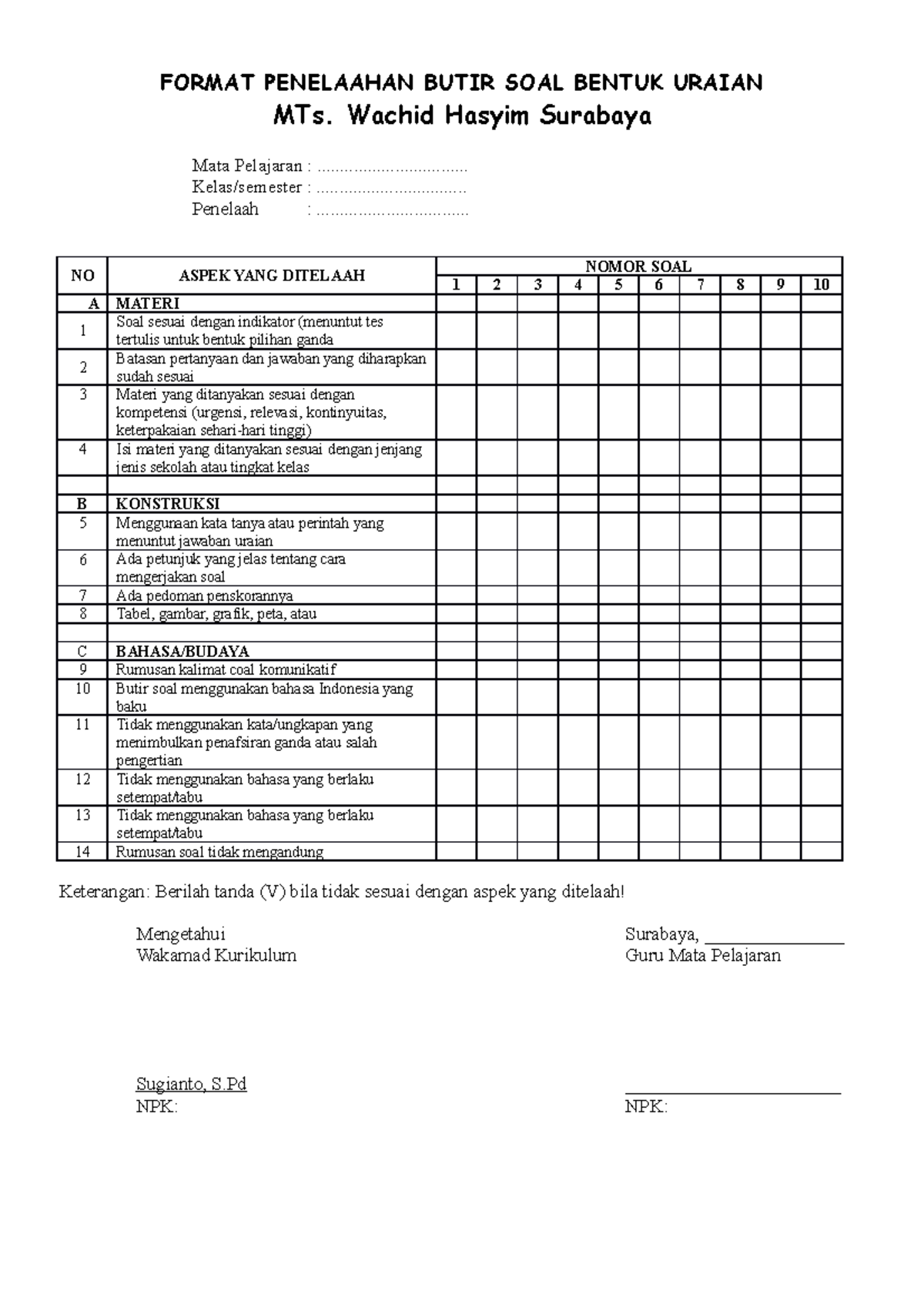 13. Format Telaah Butir Soal Uraian - FORMAT PENELAAHAN BUTIR SOAL ...