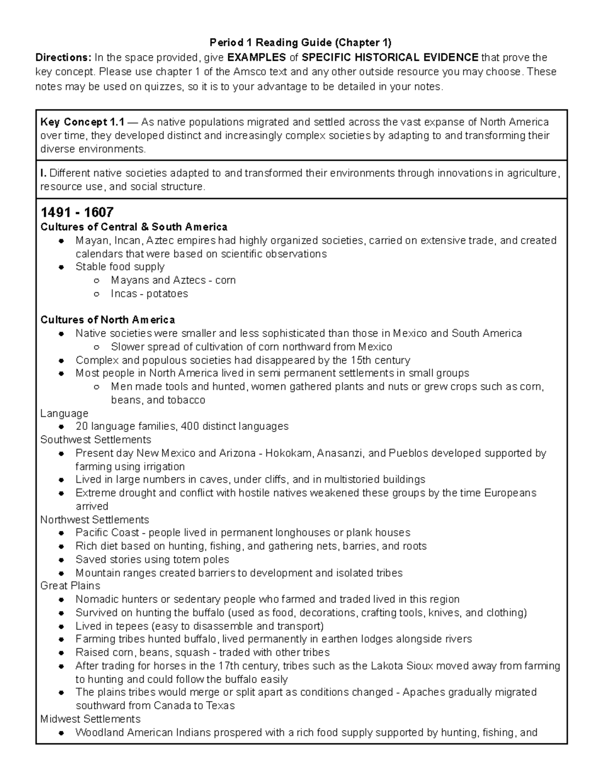 Periods 1 notes for APUSH - Period 1 Reading Guide (Chapter 1 ...