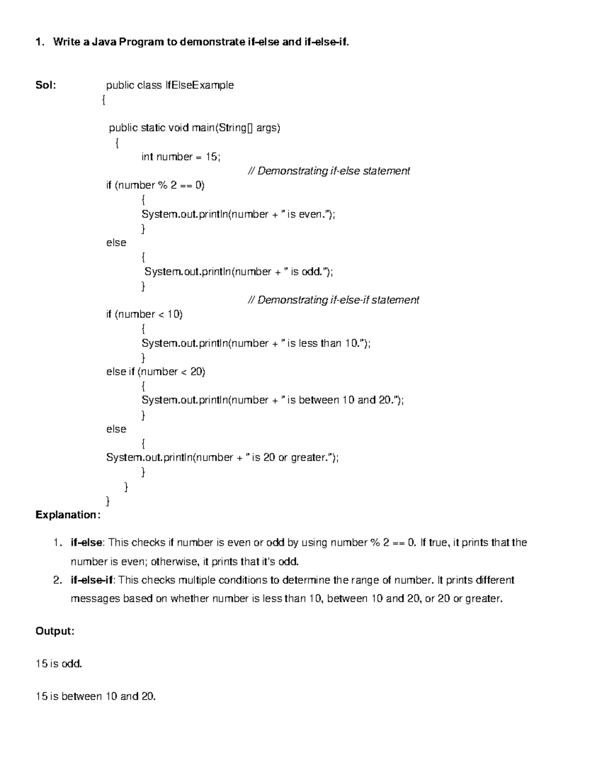 Java Lab Manual Bca3 Java Lab Write A Java Program To Demonstrate If Else And If Else If