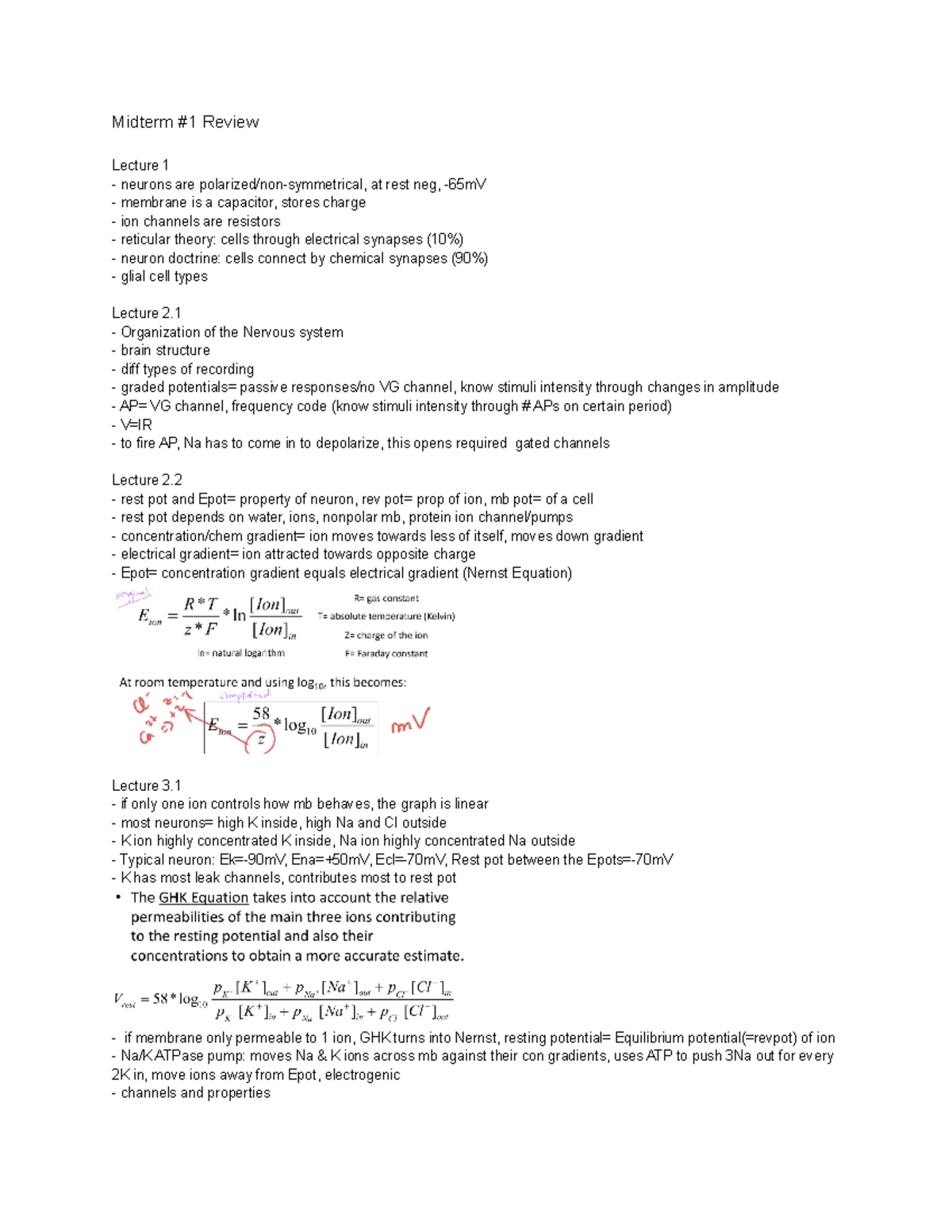 Midterm #1 Review - Midterm #1 Review Lecture 1 neurons are polarized/non-symmetrical, at rest ...