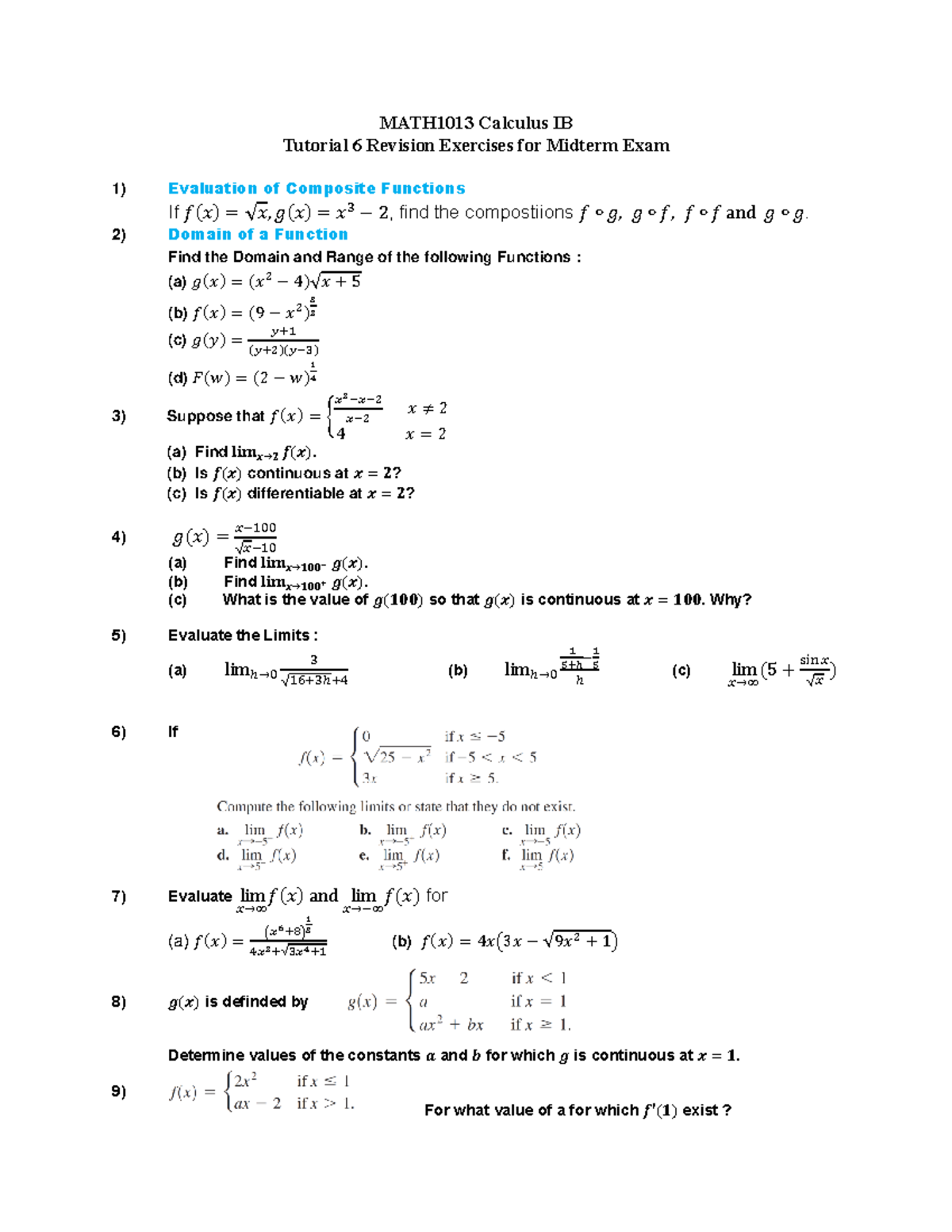 Tutorial 6 - Tiezheng QIAN - MATH1013 Calculus IB Tutorial 6 Revision Exercises for Midterm Exam ...