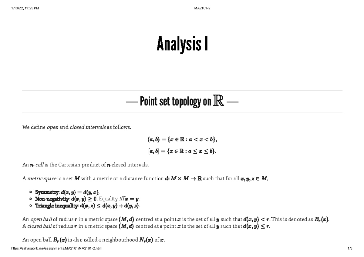 MA2101-Point set topology on R complete printed notes - Analysis I ...