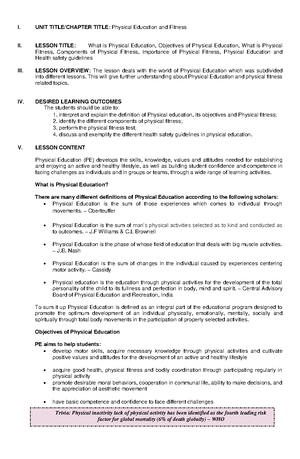 Physical Education - Lesson 6 - I. UNIT TITLE/CHAPTER TITLE: Physical ...