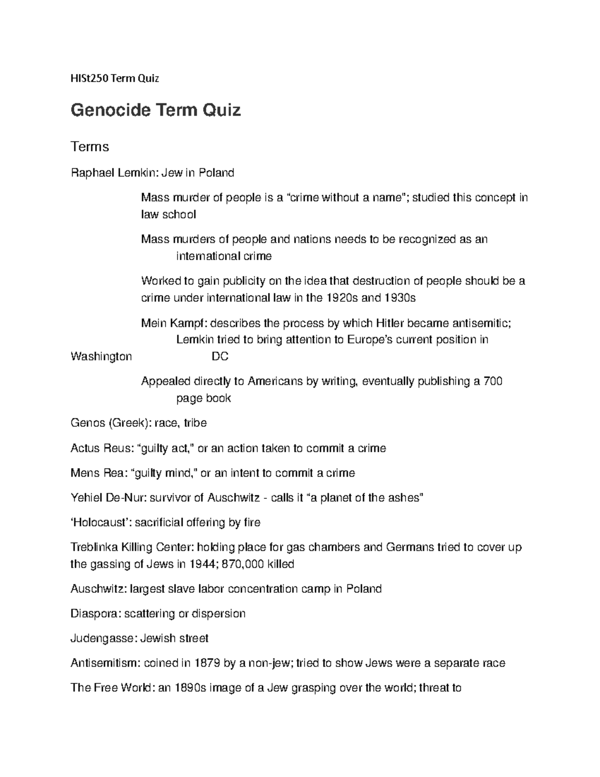 HISt250 Term Quiz Genocide - Studocu