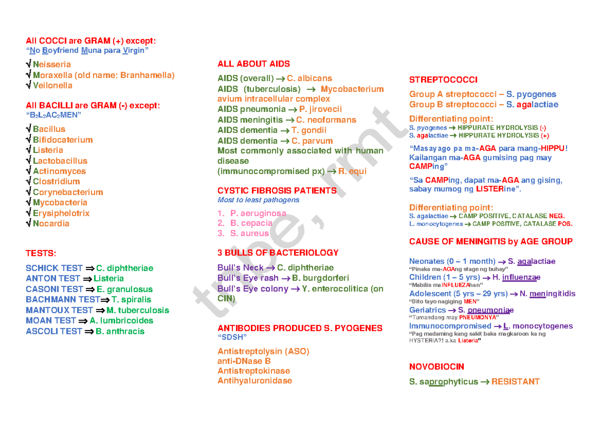 Compiled Microbiology Mnemonics All COCCI Are GRAM Except No
