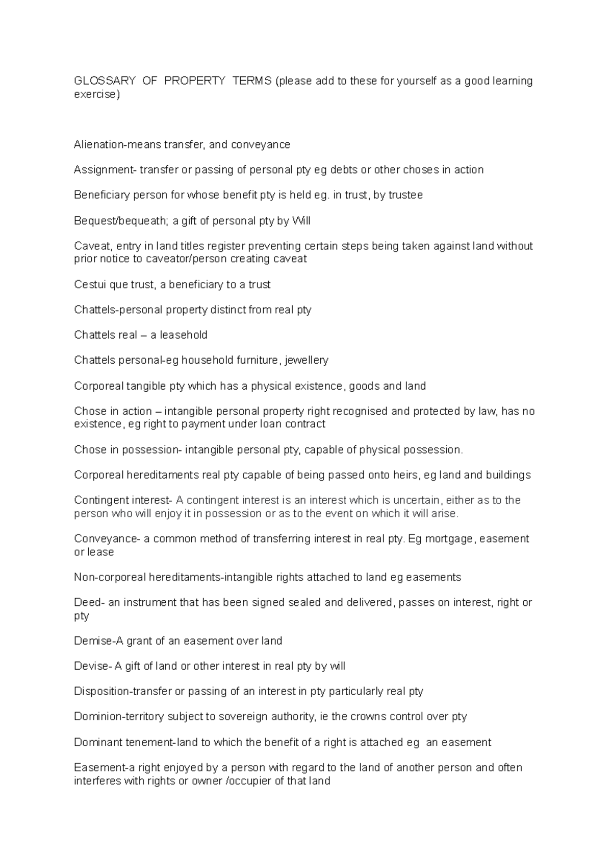 Glossary Property 1 - GLOSSARY OF PROPERTY TERMS (please add to these ...