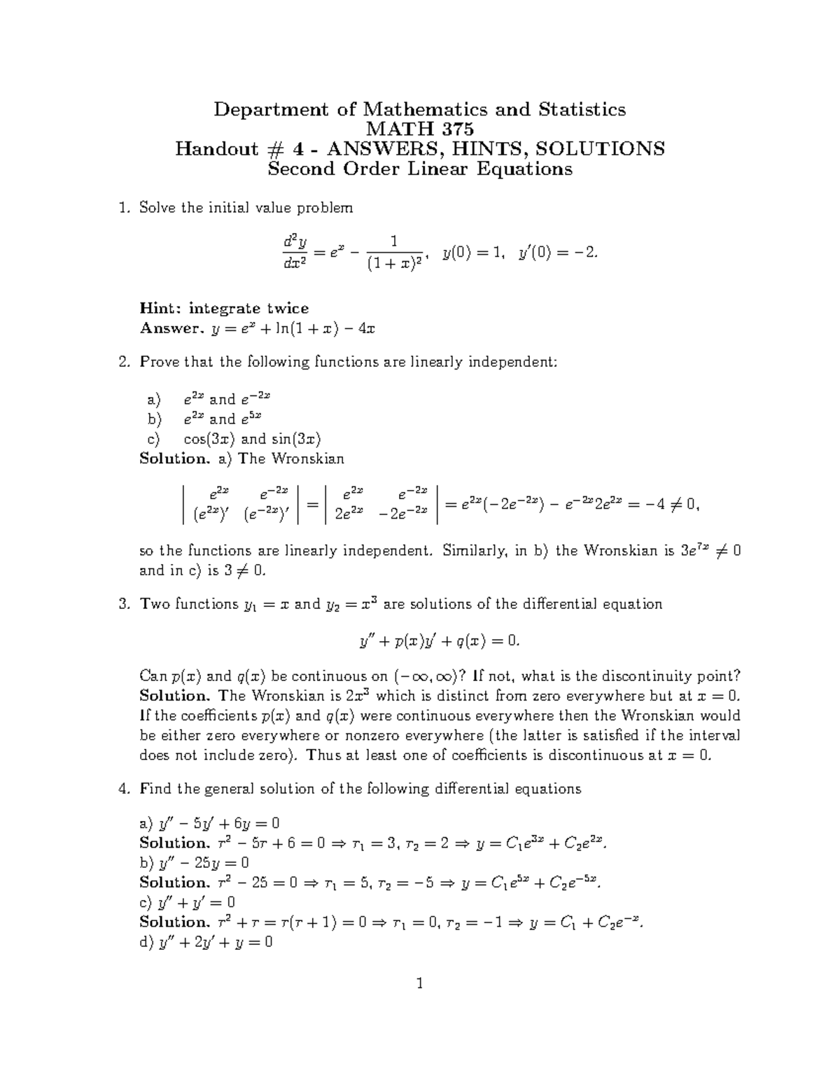 Handout 4sol 375 - Department of Mathematics and Statistics MATH 375 ...