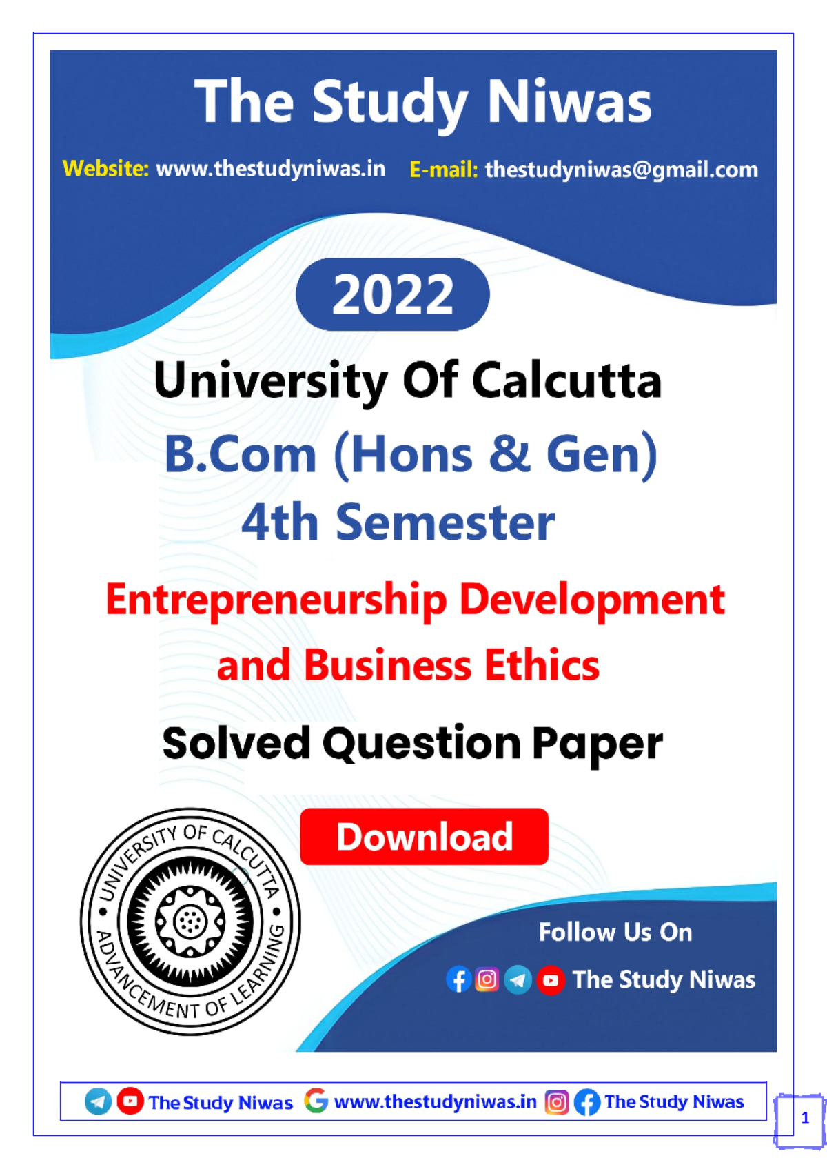 CU BCOM 4th Sem Entrepreneurship Development and Business Ethics Solved Question Paper 2022 By ...