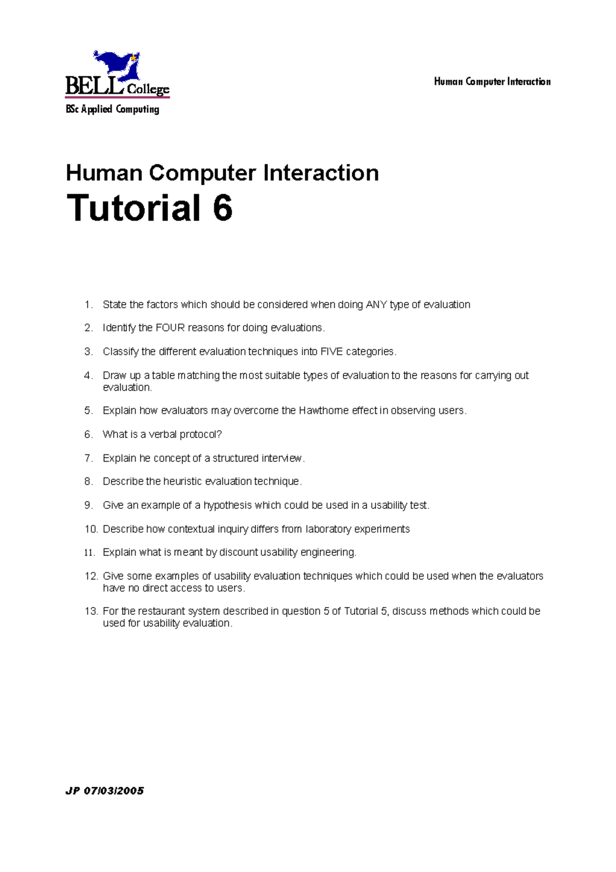 Hcitutorial 6 - lecture notes - Human Computer Interaction BSc Applied ...