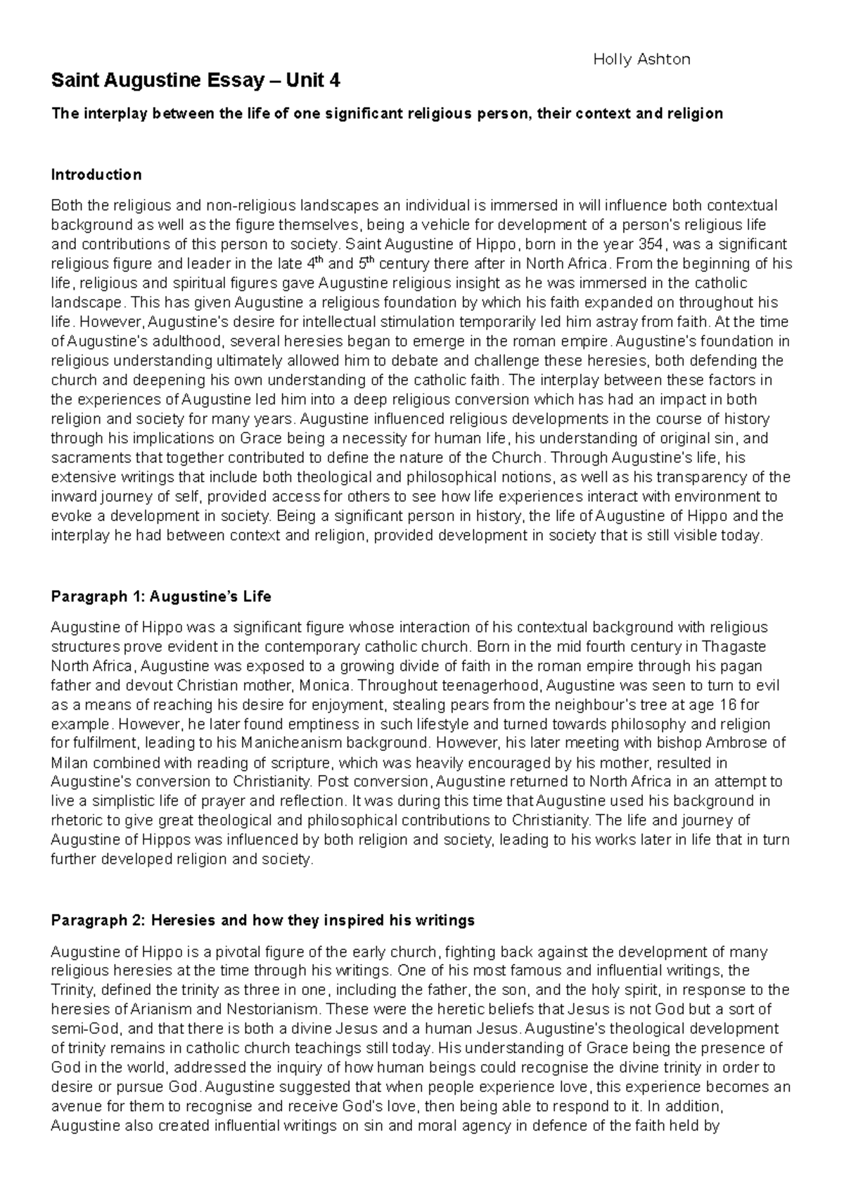 Saint Augustine unit 4 essay - Holly Ashton Saint Augustine Essay ...