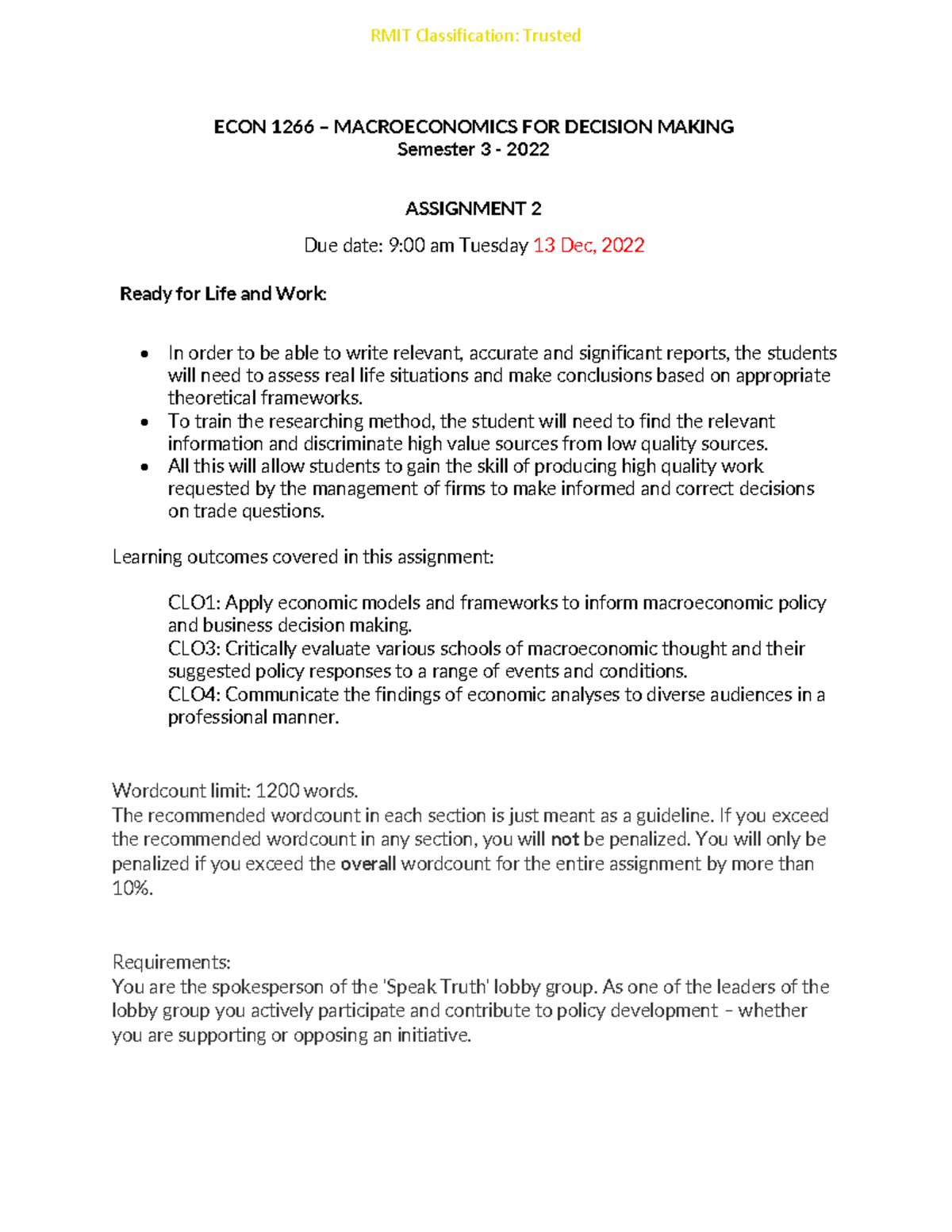ĐỀ MAC2 ASM 2 - Question for assignment - RMIT Classification: Trusted ECON 1266 ...