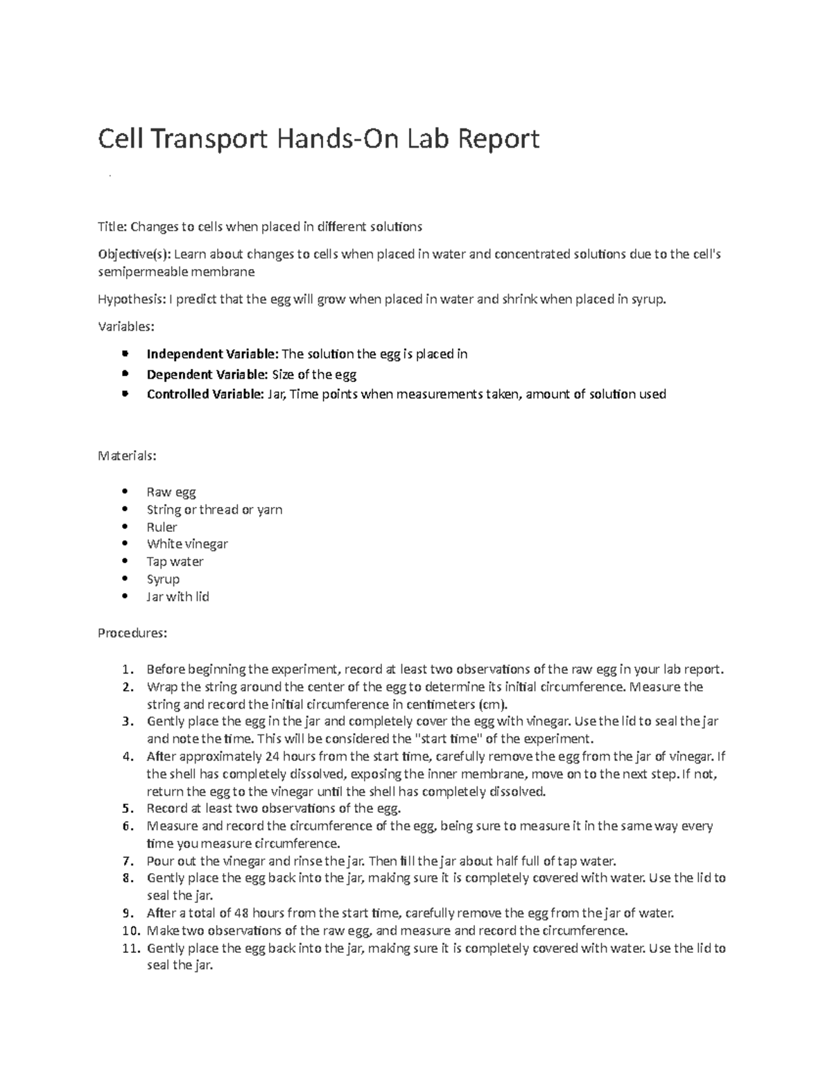 Cell Transport lab final - Cell Transport Hands-On Lab Report Title ...