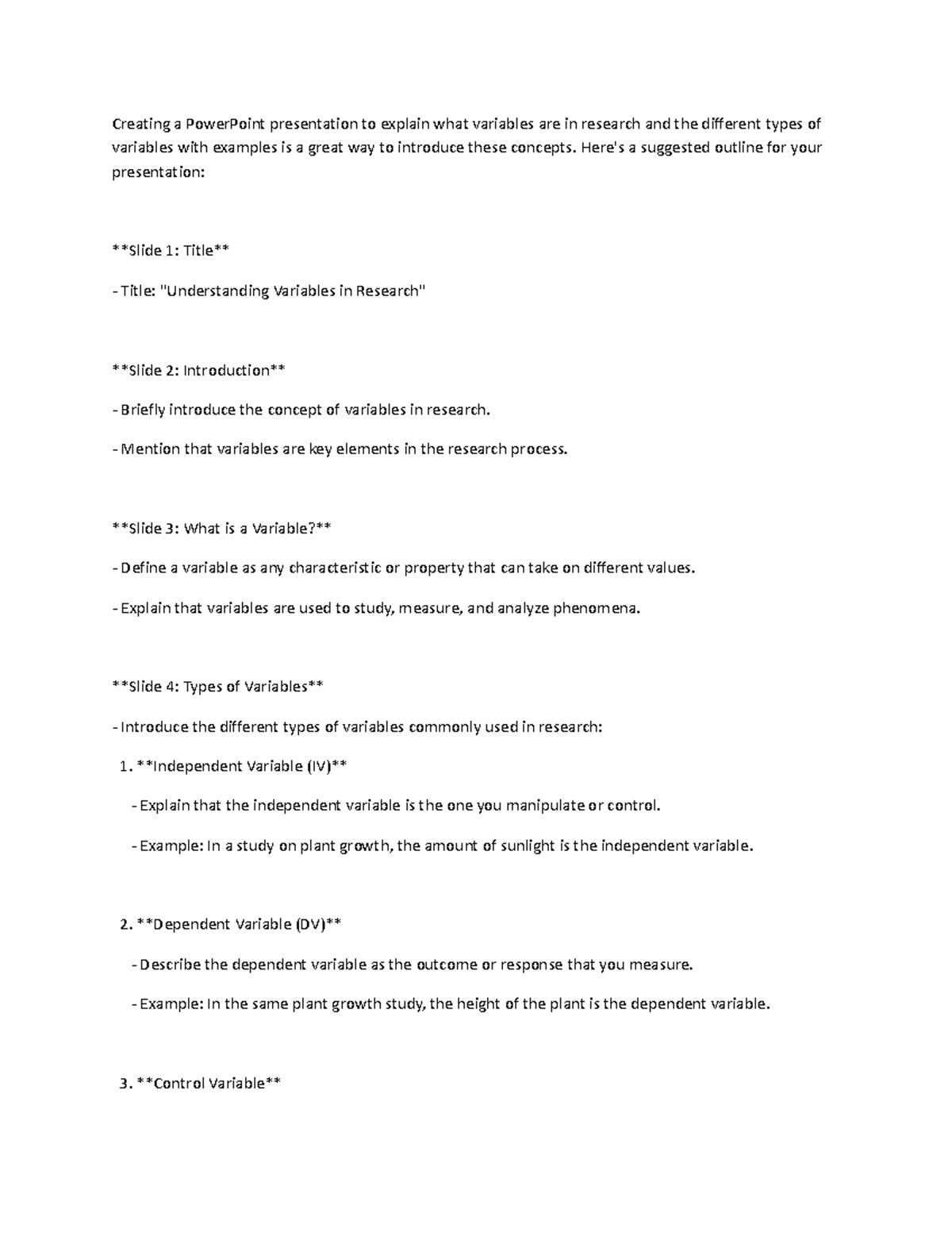 Creating a Power Point presentation to explain what variables are in ...