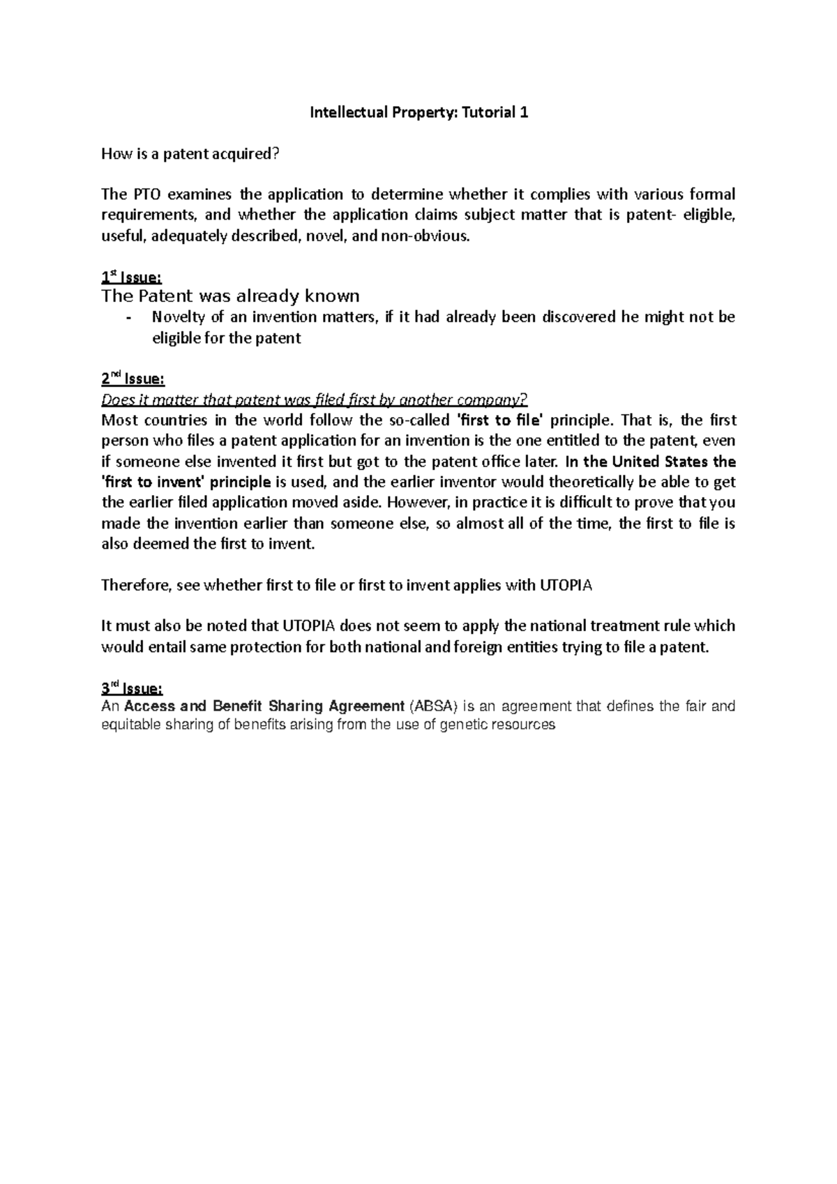 IP-Tut-1 - Tutorial of week 1 - Intellectual Property: Tutorial 1 How is a patent acquired? The ...