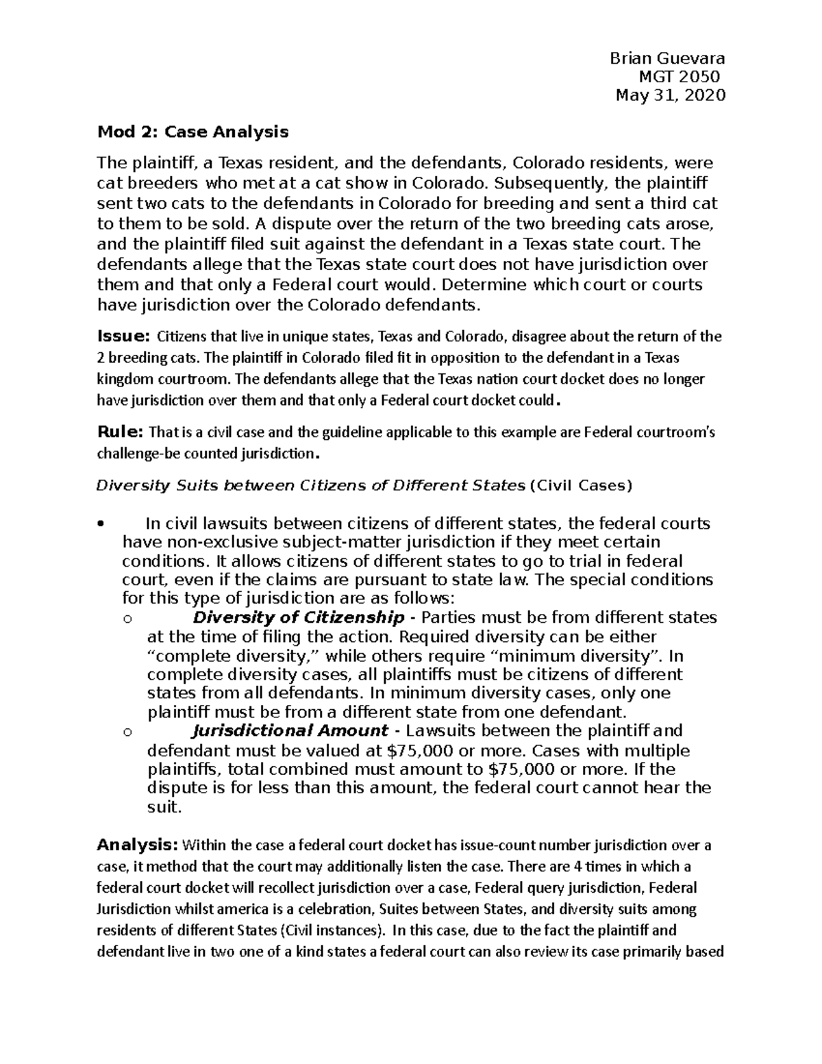 Mod 2- Case Analysis - Practice assignment - Brian Guevara MGT 2050 May ...