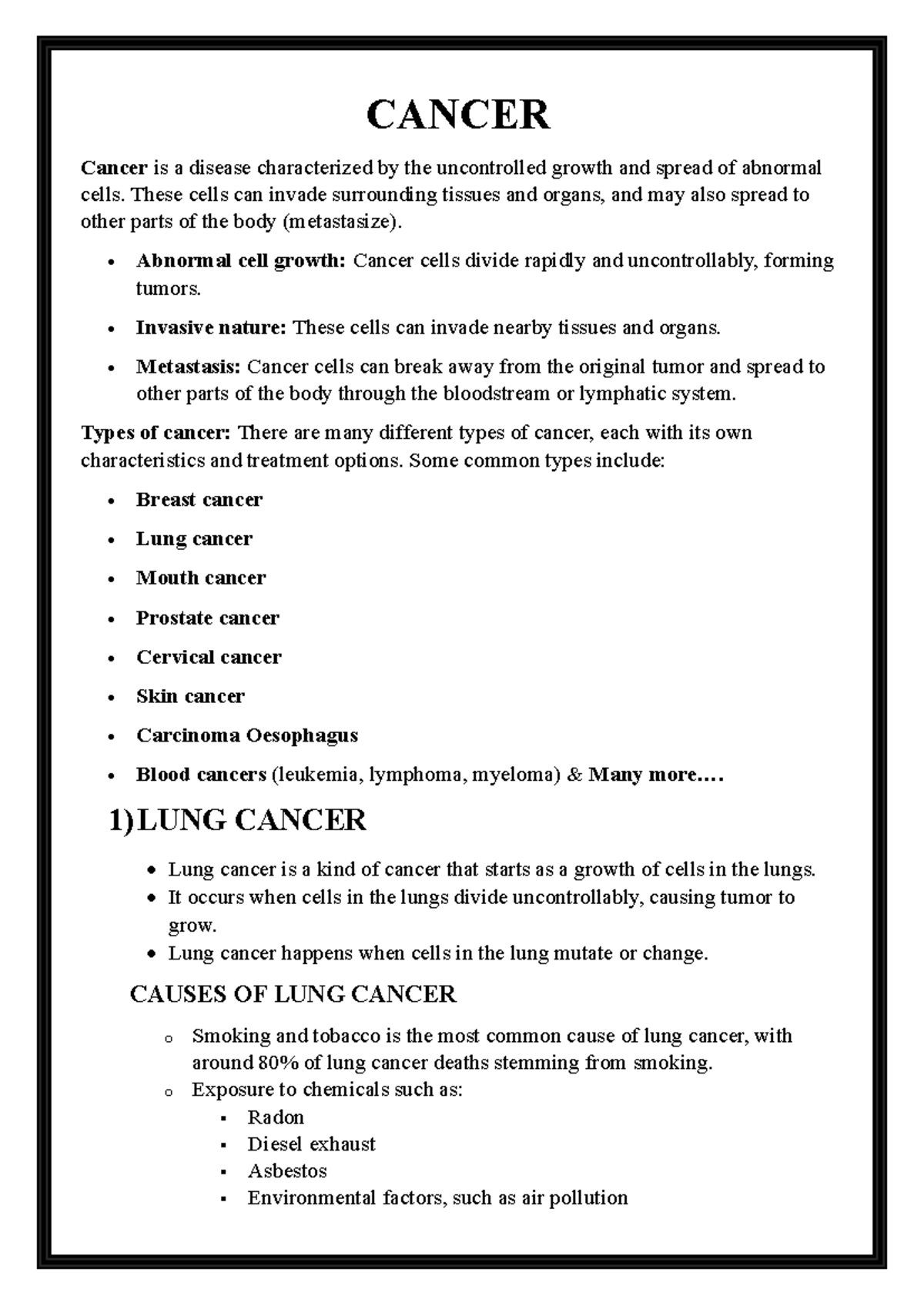 UNIT II- Cancer - CANCER Cancer is a disease characterized by the ...