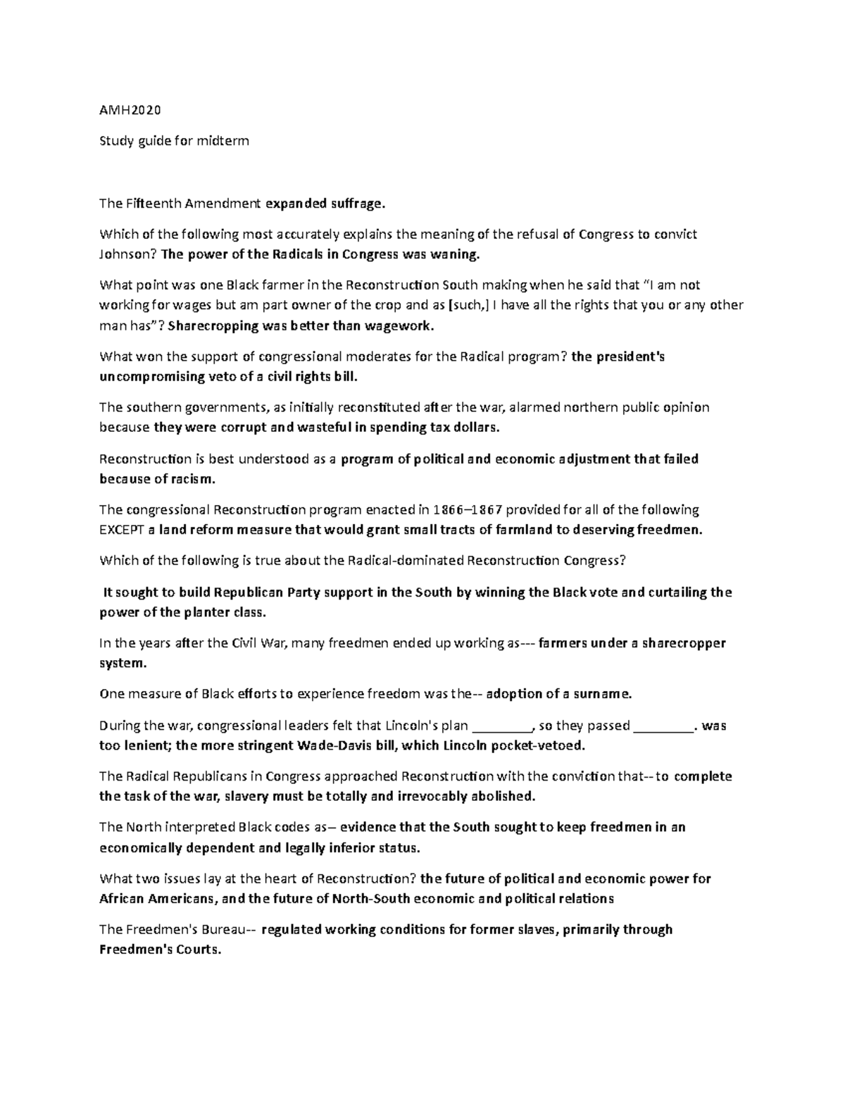 AMH2020 study guide - N/a - AMH Study guide for midterm The Fifteenth ...