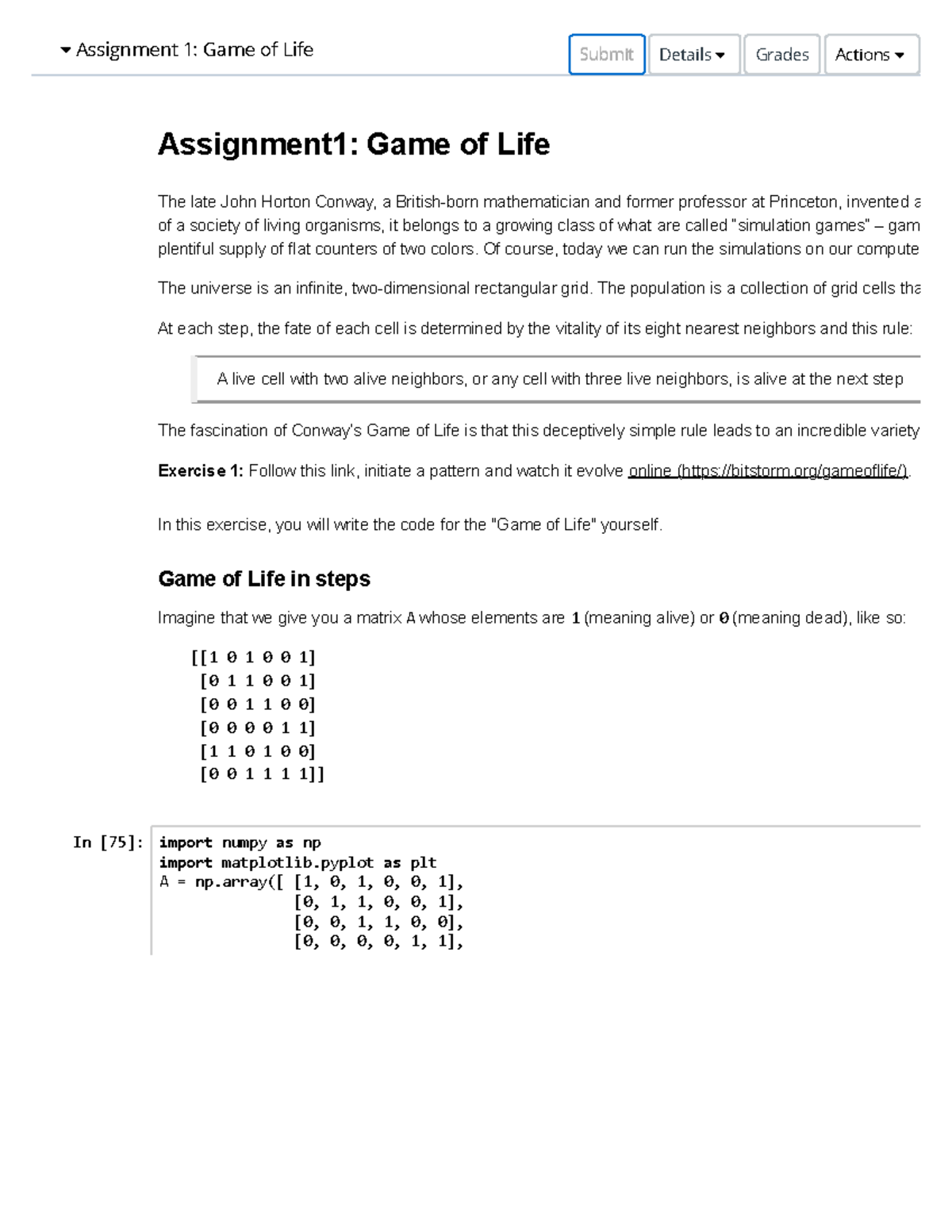Workbench - game of life - Assignment1: Game of Life The late John ...