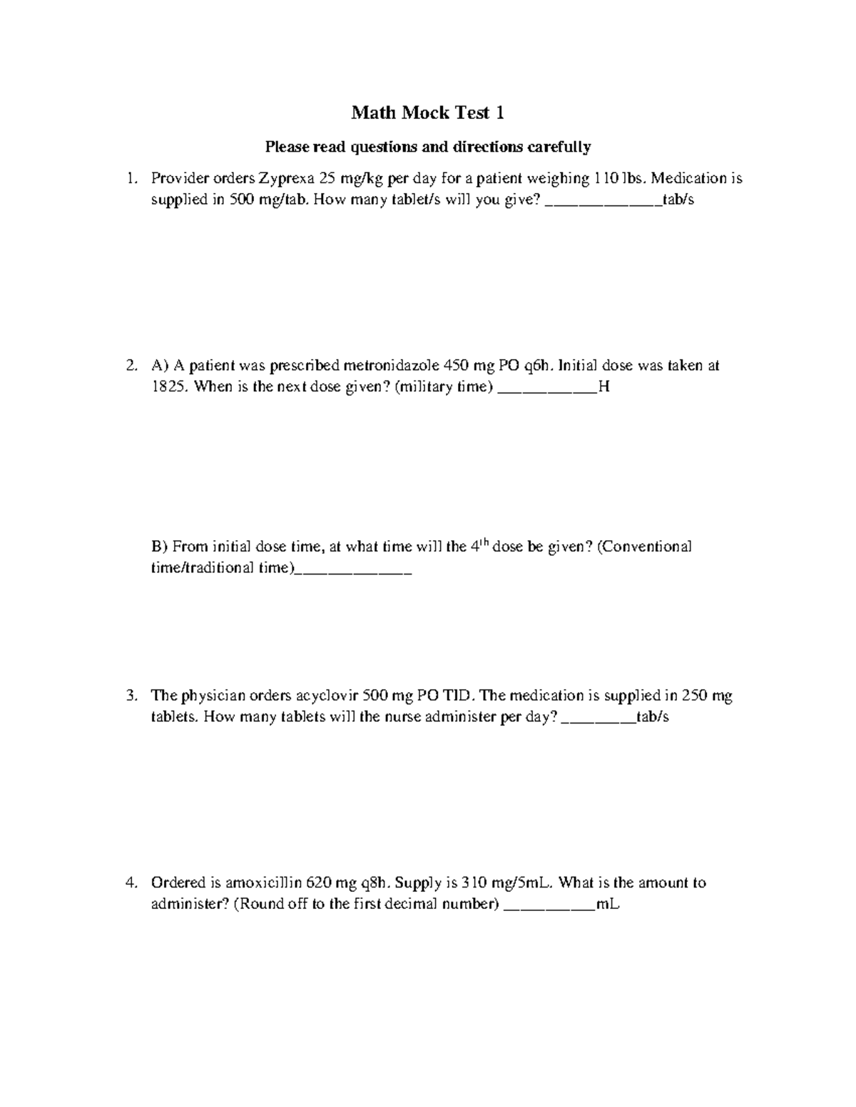 Math Mock Test 1 1 - Mock 1 - Math Mock Test 1 Please read questions ...