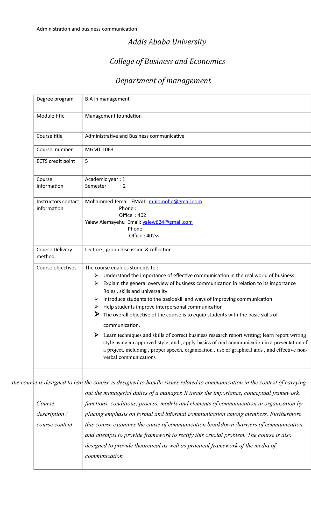 New courseout line - Lecture notes 0 - Addis Ababa University College ...