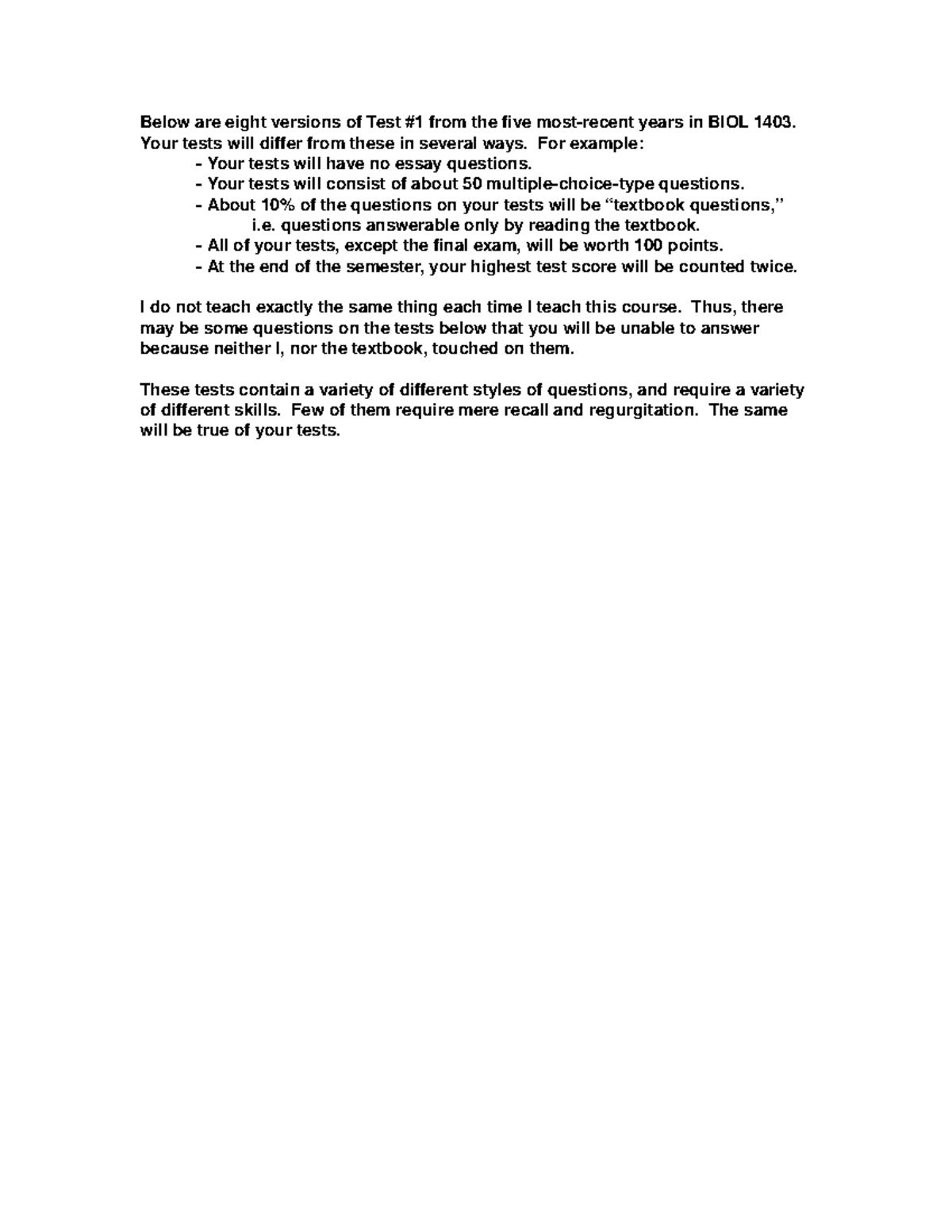 Sample Test 1 bio - test - Below are eight versions of Test #1 from the ...