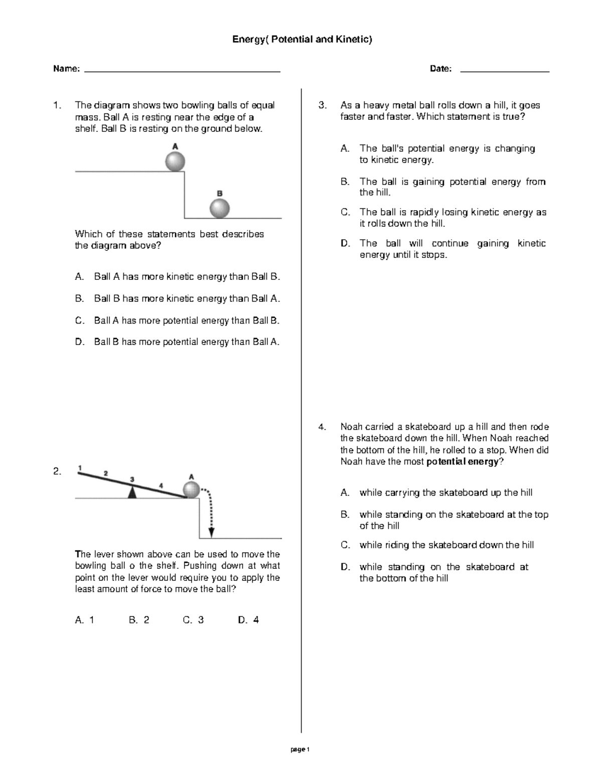 Energy Potential and Kinetic practice questions unlocked No Ans ...