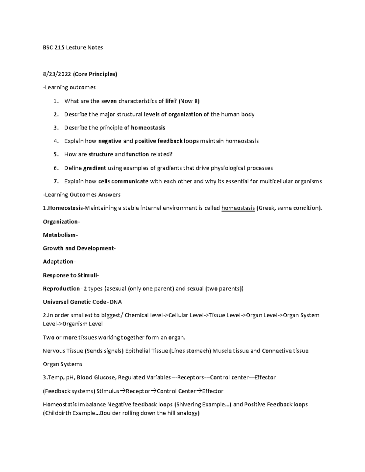 BSC 215 Notes Exam 1-2 - BSC 215 Lecture Notes 8/23/2022 ( Core ...