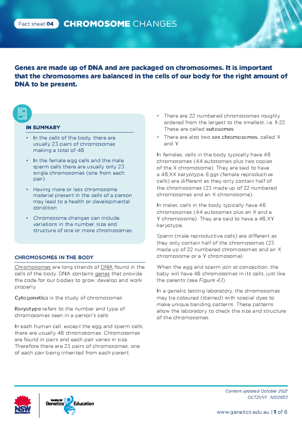 Chromosome changes fact sheet-CGE - IN SUMMARY In the cells of the body ...