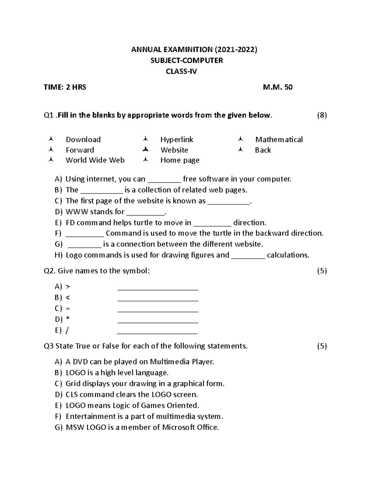 Class IV Computer 2022 - ANNUAL EXAMINITION (2021-2022) SUBJECT ...