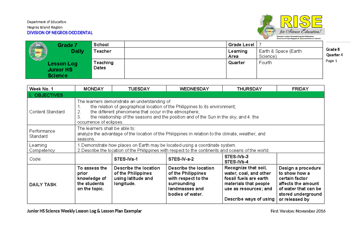 DLL science 7 4th Q - Negros Island Region DIVISION OF NEGROS ...