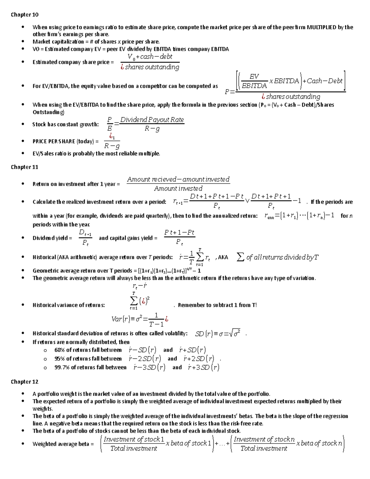 Exam 3 formula sheet- Chapters 10-13 - Chapter 10 When using price to ...