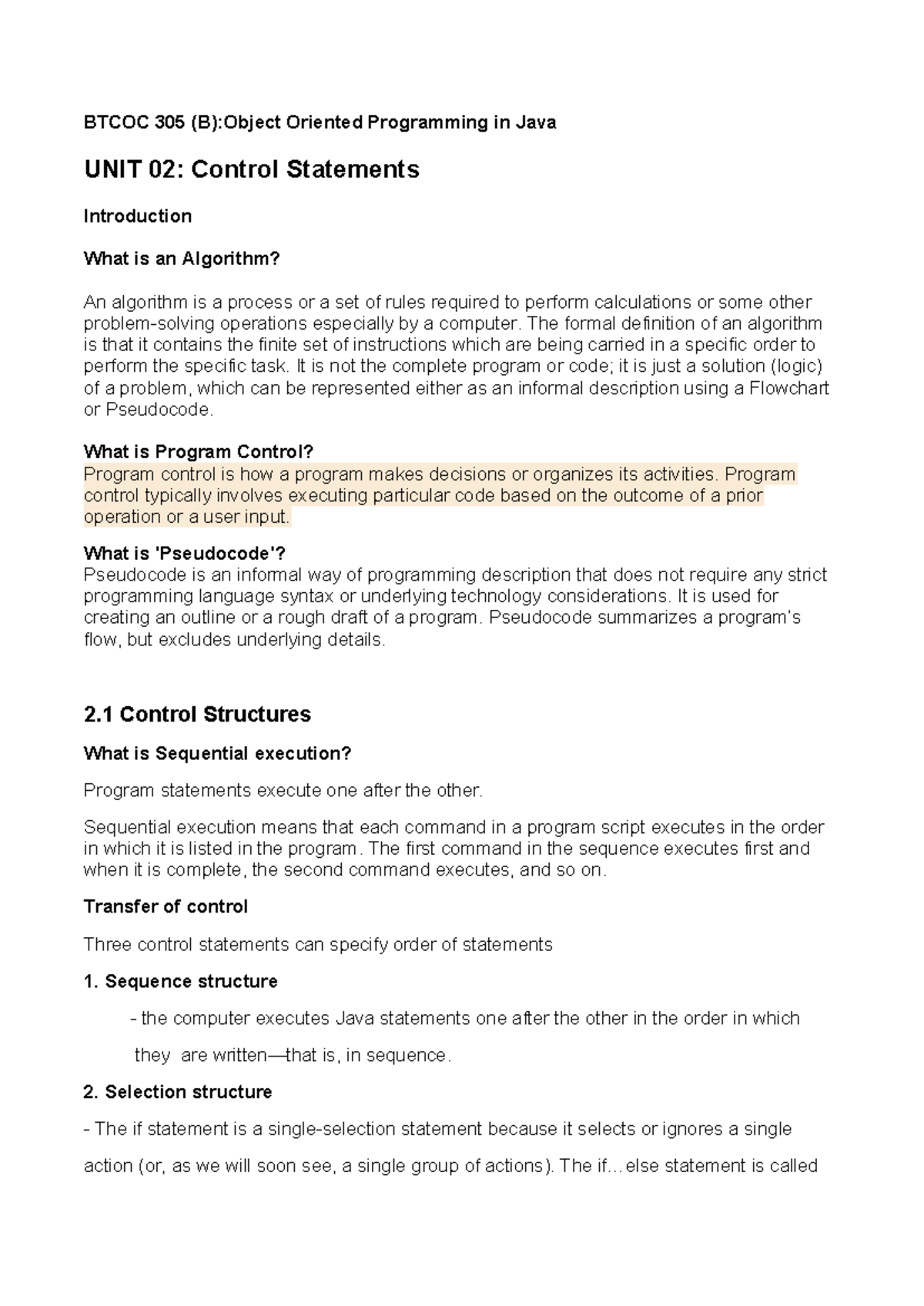 JAVA UNIT 2 - java unit 2 - BTCOC 305 (B):Object Oriented Programming in Java UNIT 02: Control ...
