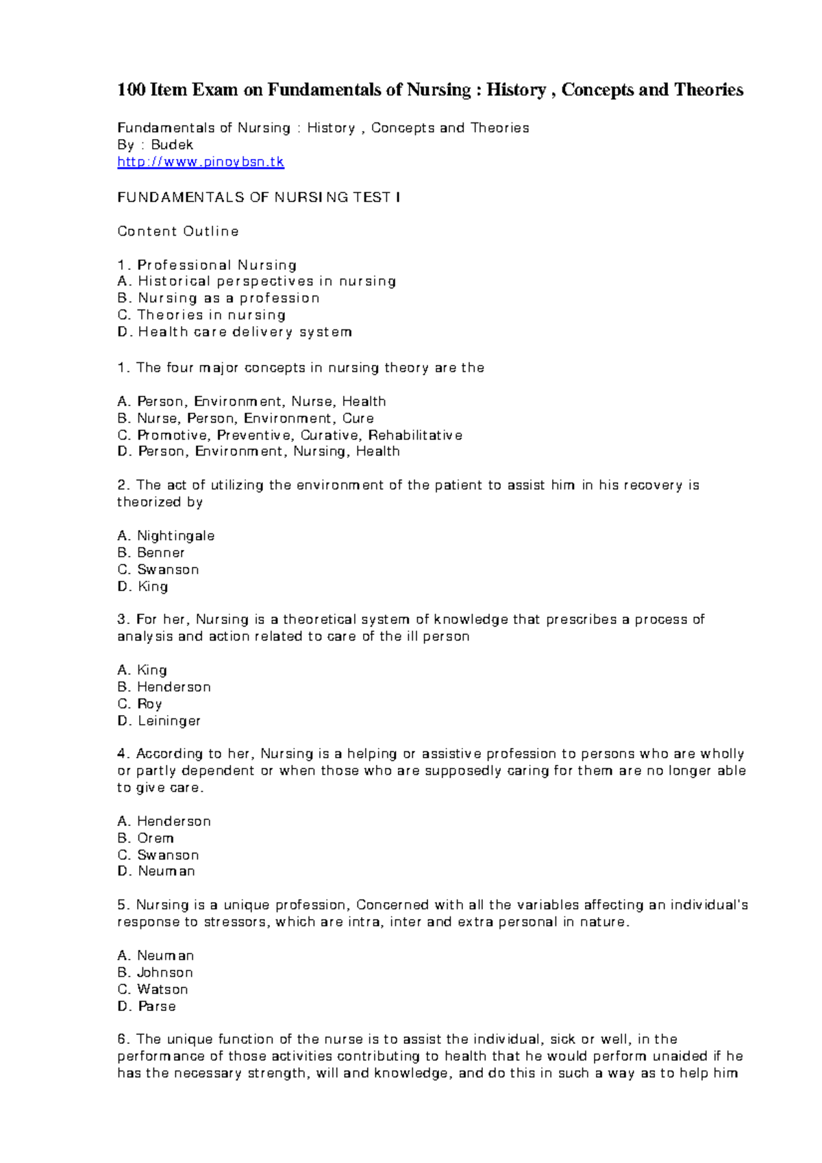 38867231 Fundamentals of Nursing 5 100 Items Questions - 100 Item Exam ...