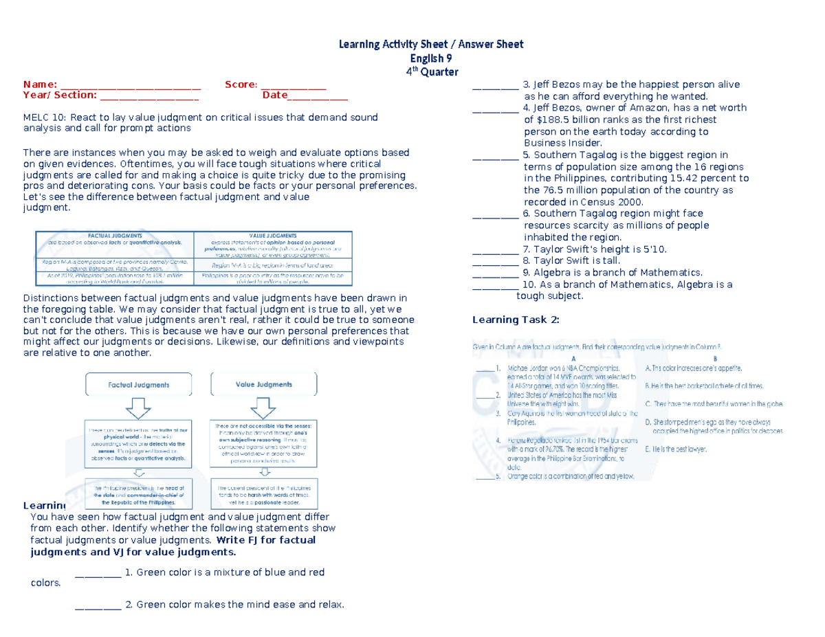 Eng Module Gr9 - some notes for you - Learning Activity Sheet / Answer ...