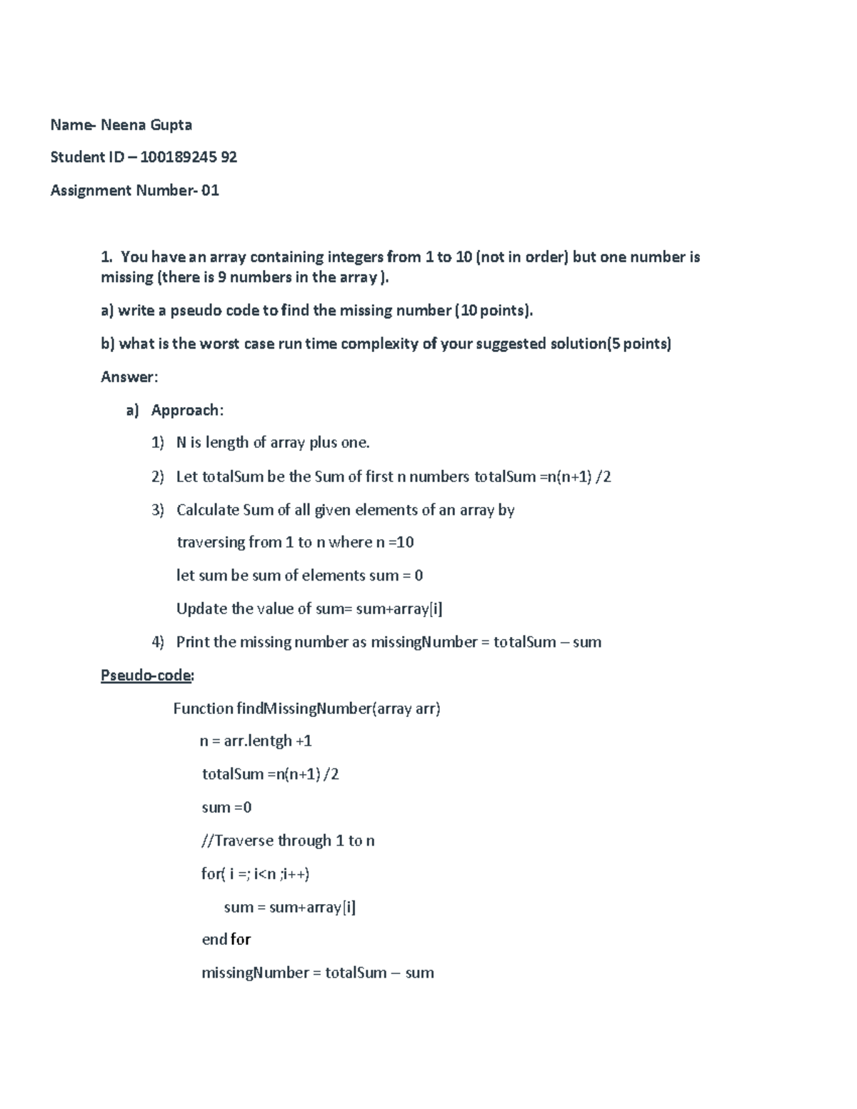 Gupta-01 - Assignment 1 - Name- Neena Gupta Student ID – 100189245 92 ...