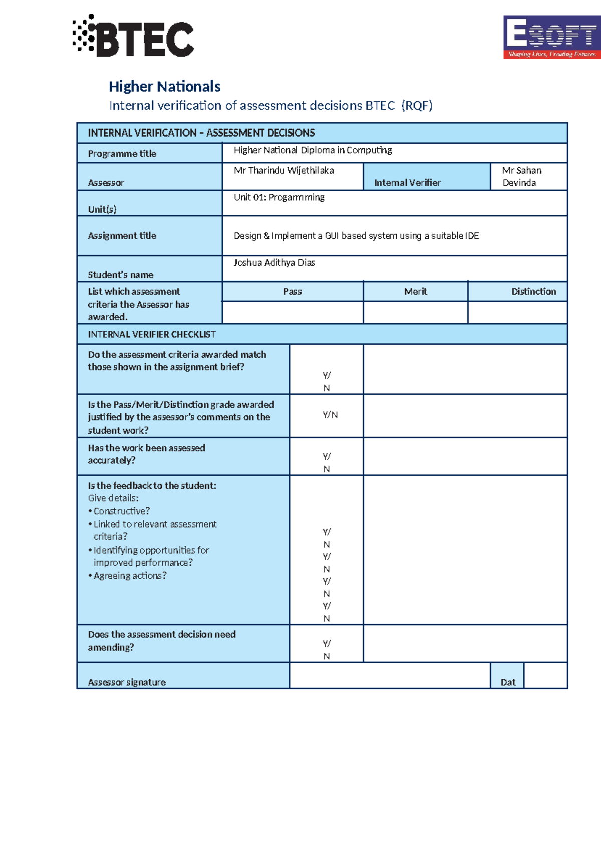 Unit 01 Programming - sgdjsdgj - Higher Nationals Internal verification of assessment decisions ...