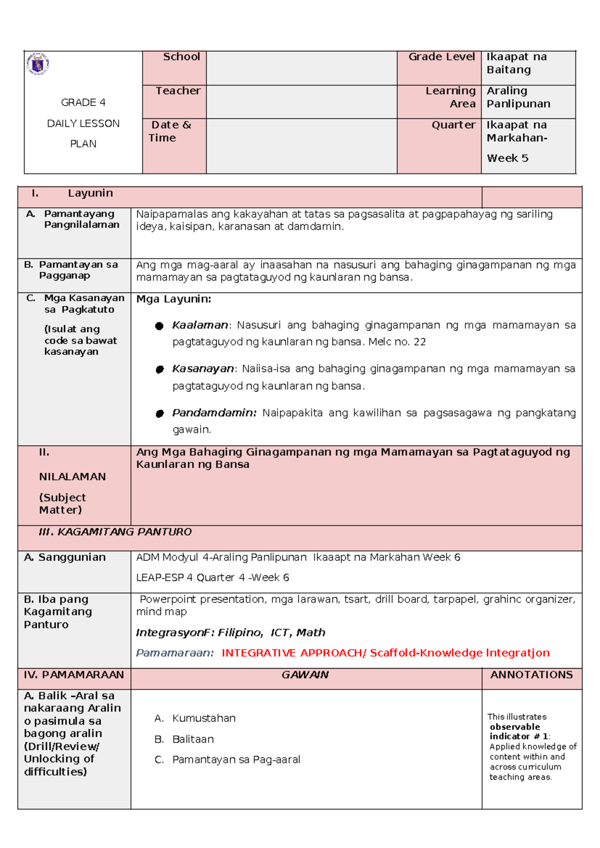 COT AP4 Q4 W5 - COT - GRADE 4 DAILY LESSON PLAN School Grade Level Ikaapat na Baitang Teacher ...